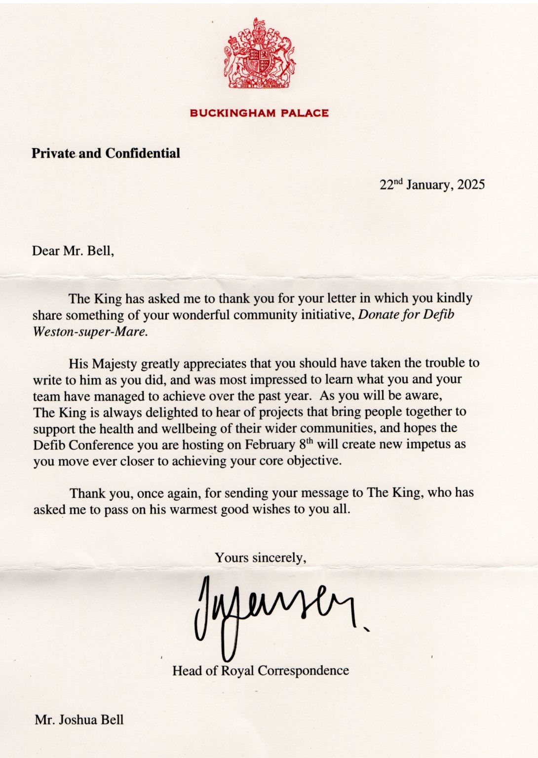 Letter Of Acknowledgement From Buckingham Palace - Donate for defib ...
