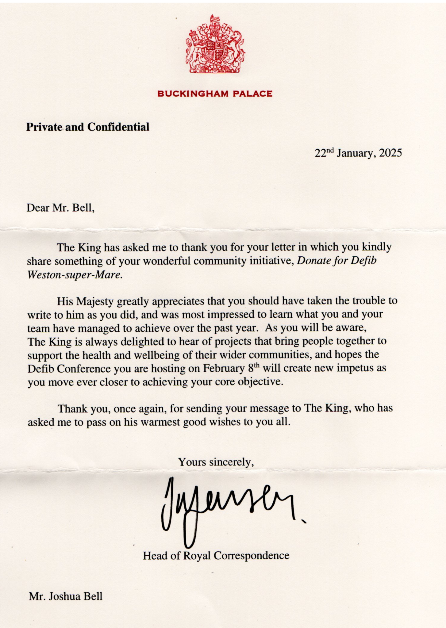 Letter Of Acknowledgement From Buckingham Palace - Donate for defib ...