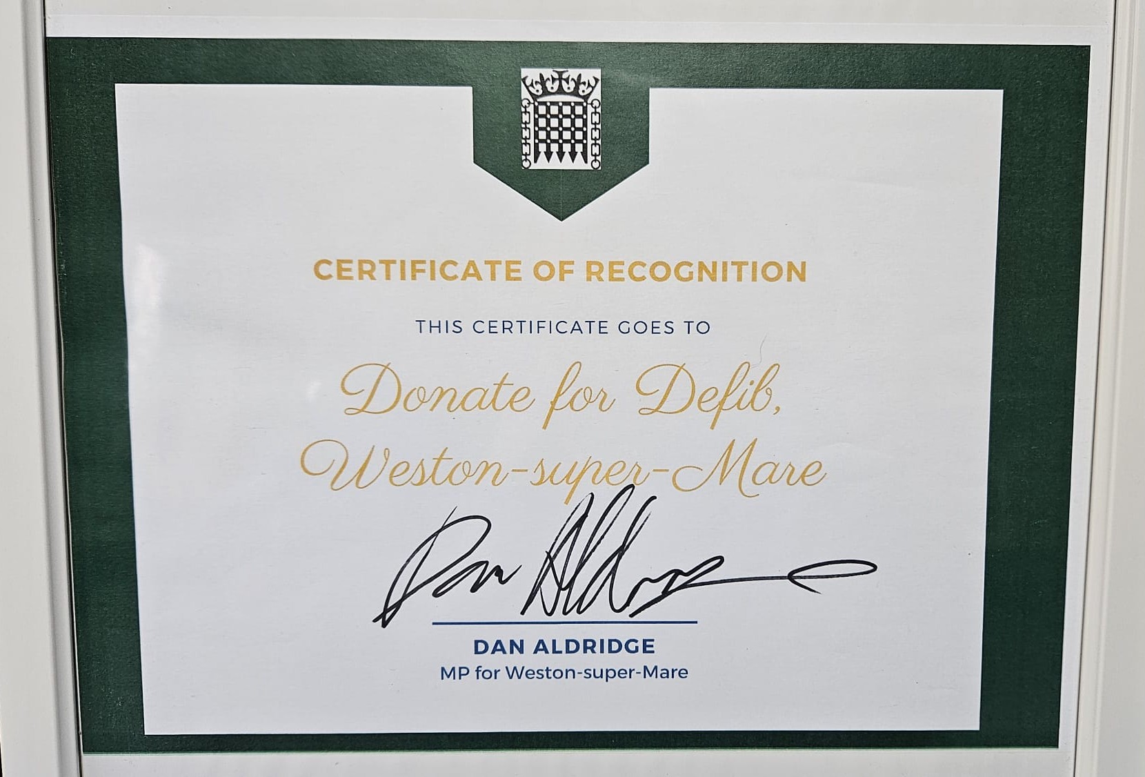 Award From: Daniel Aldridge - MP For Weston-super-Mare - Donate for ...